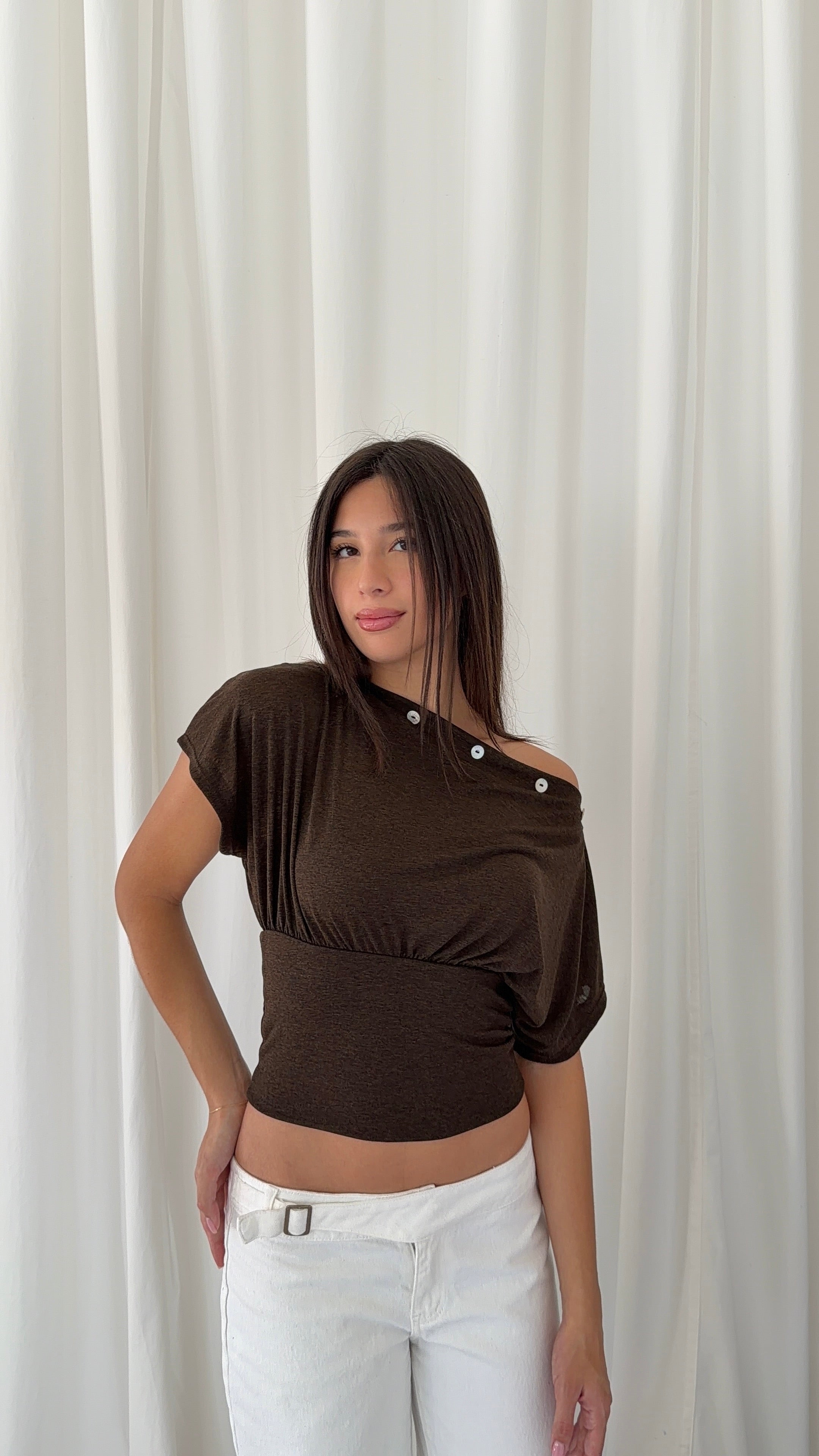 Anna Off Shoulder Top With Buttons – MANN